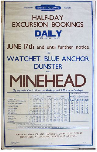 Vintage 1957 British Rail Taunton to Minehead Railway Timetable Poster ...