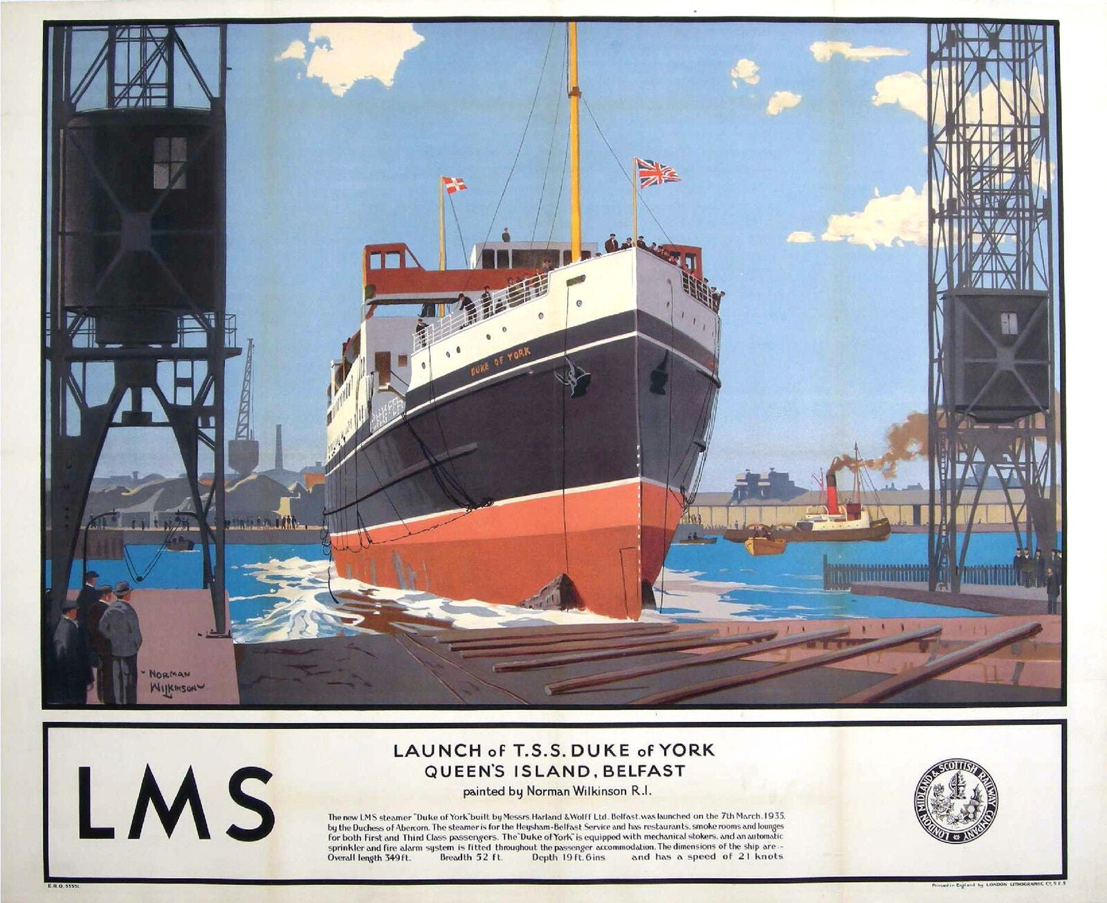 1935 Belfast Shipyard Duke of York Launch LMS Railway Poster A3 Print ...