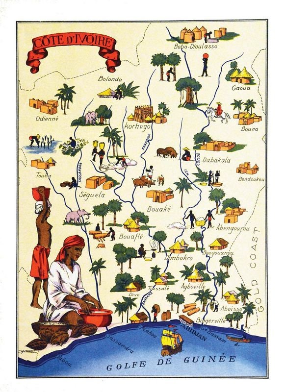 Vintage Map of The Ivory Coast Poster Print A3/A4 – Vintage Poster Shop UK